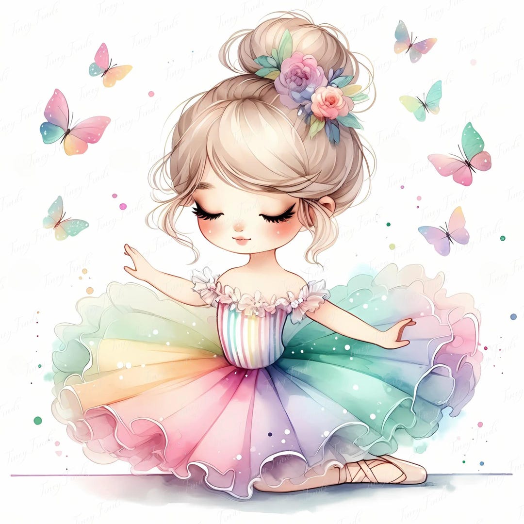 Cute Ballerina Girl Clipart Pastel Rainbow Tutu Ballet Girl Butterfly