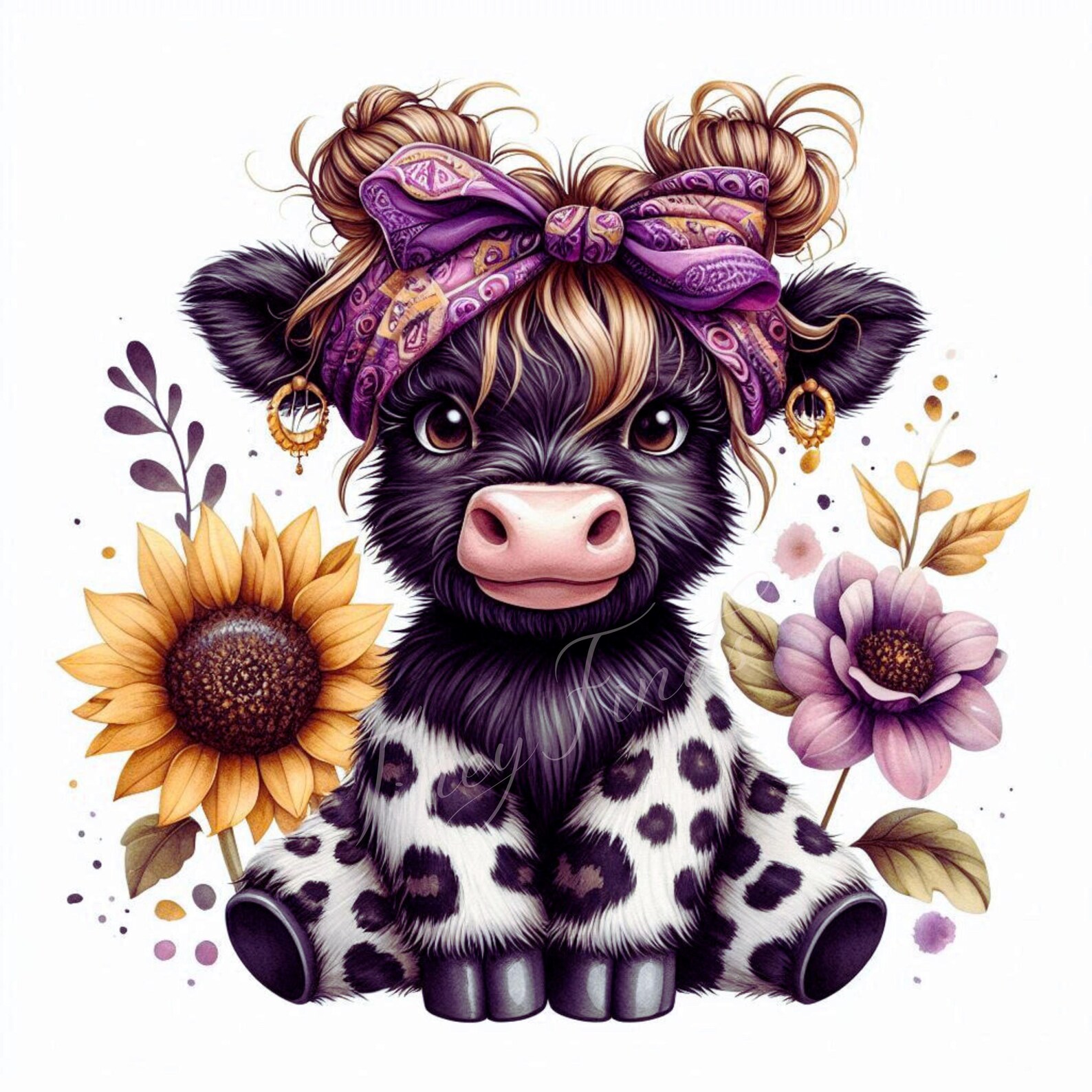 Purple Highland Cow Clipart: Leopard Print, Bow & Sunflowers (digital ...