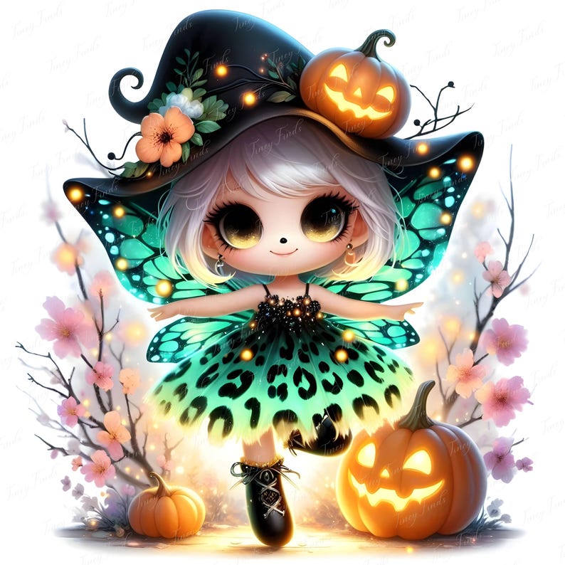 Kawaii Halloween Witch Clipart Bundle: Pumpkins, Teal Dress (digital ...