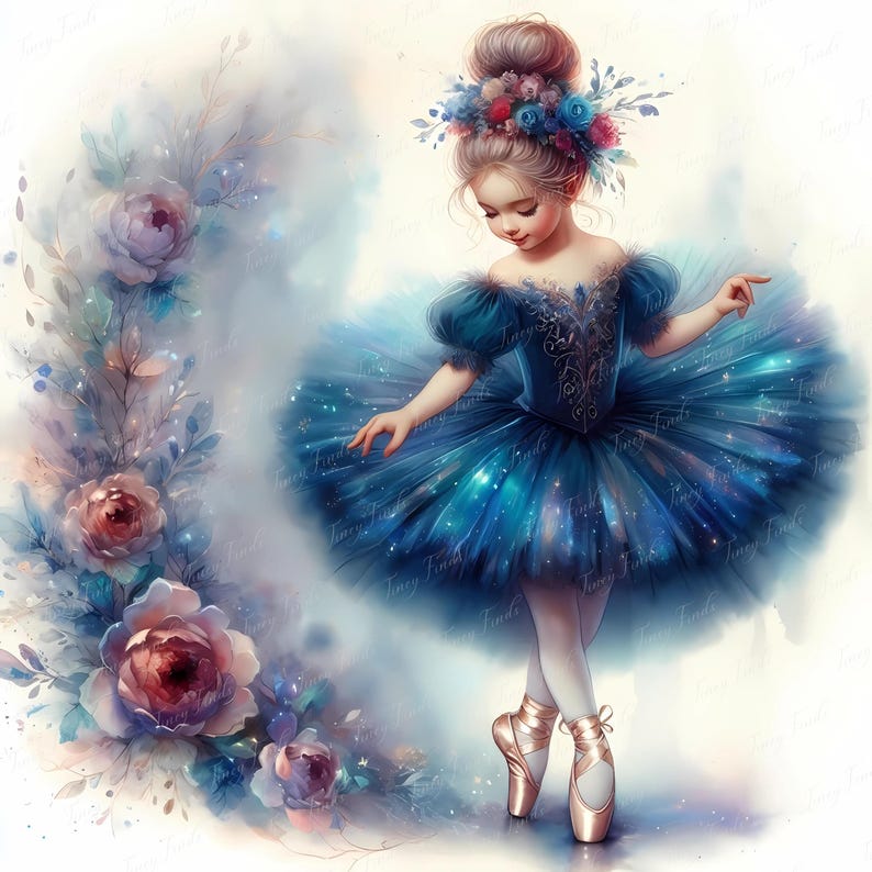 Watercolor Ballerina Print: Blue Tutu, Floral Dress Nursery Decor ...