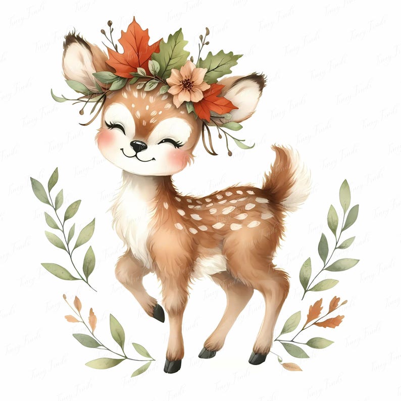 Woodland Baby Fawn Clipart JPEG | Cute Forest Deer With Leaves ...