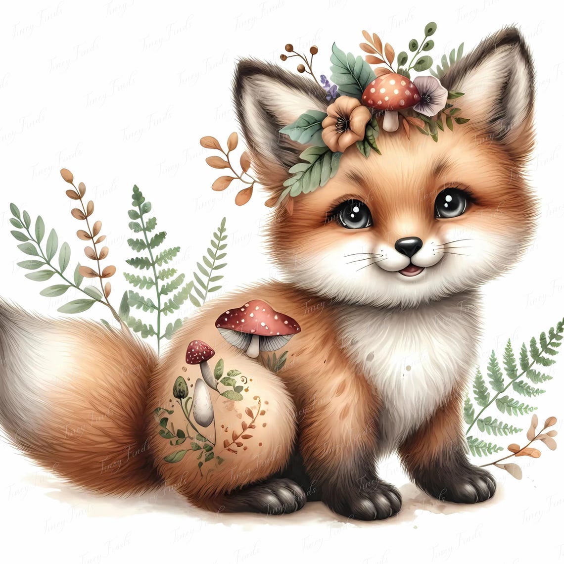 Woodland Baby Fox Clipart: Nursery Art, Leaves & Flowers (digital ...
