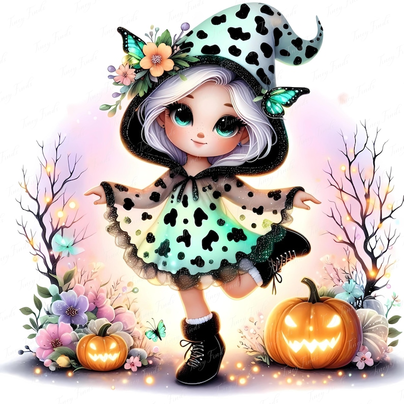 Kawaii Halloween Witch Clipart Bundle: Pumpkins, Teal Dress (digital ...
