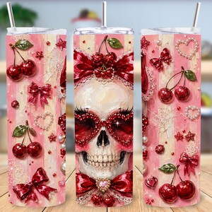 Cherry Skull Tumbler Wrap, Coquette Bow Glam PNG, 20 Oz Skinny ...