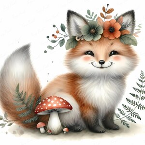 Woodland Baby Fox Clipart: Nursery Art, Leaves & Flowers (digital ...