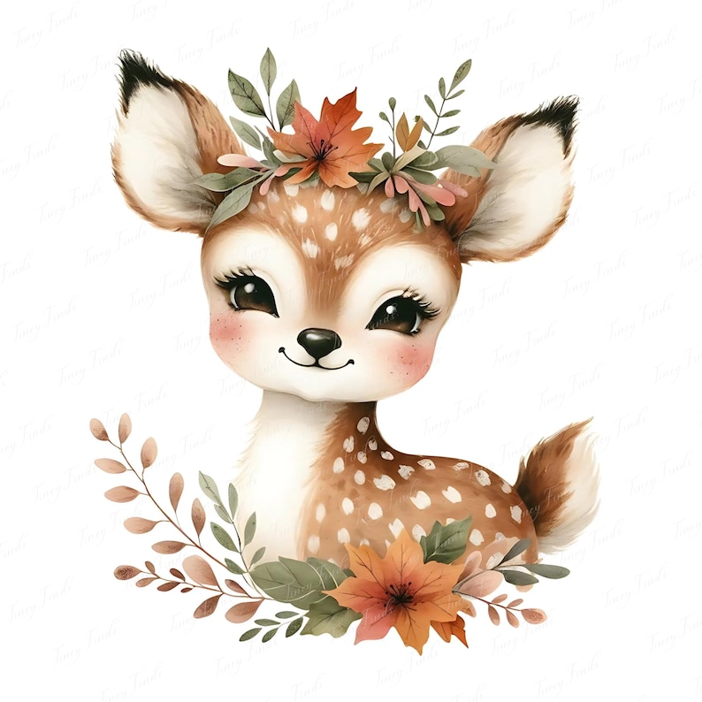 Woodland Baby Fawn Clipart JPEG | Cute Forest Deer With Leaves ...