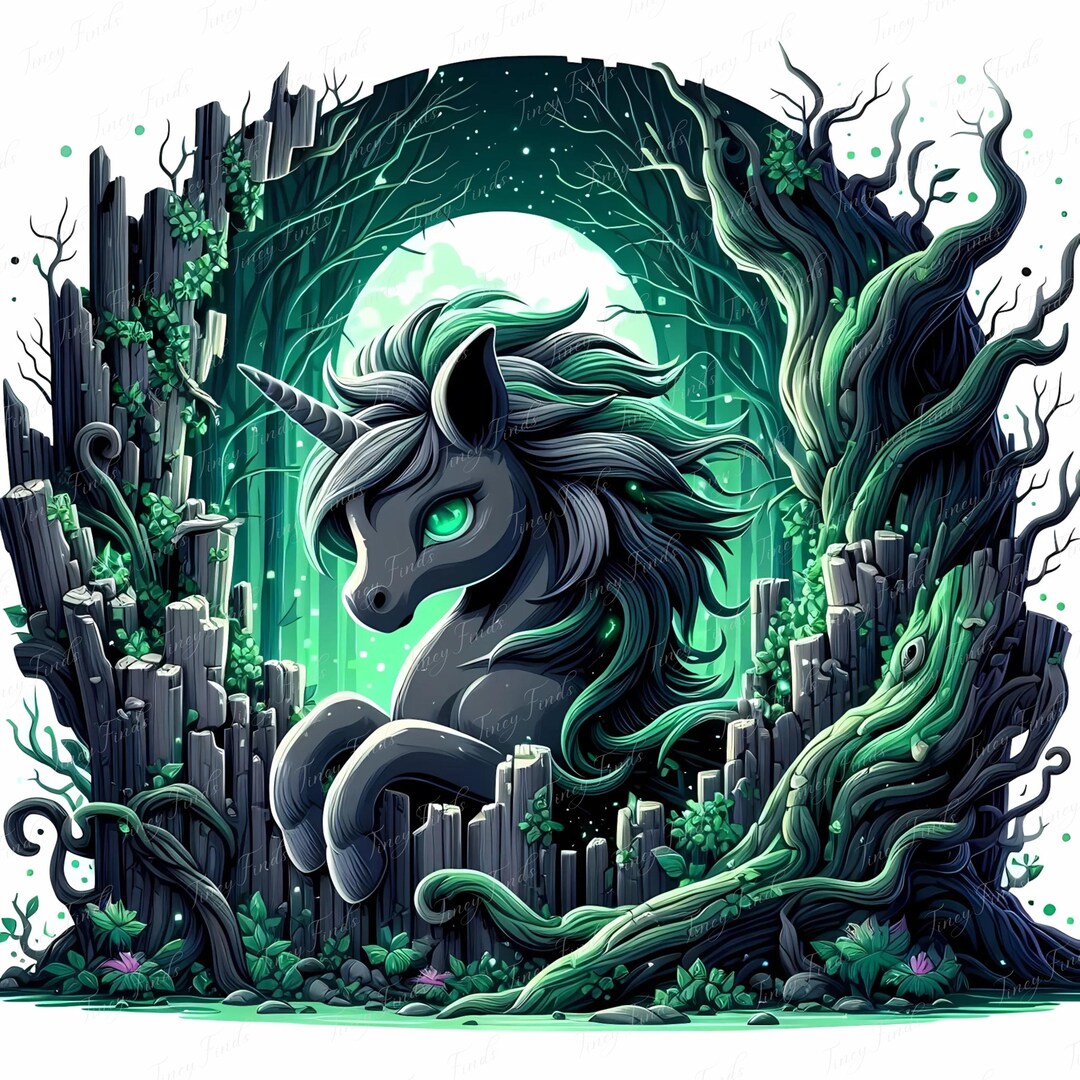 Gothic Forest Unicorn Clipart | Moss-green Baby Unicorn Burst Art ...
