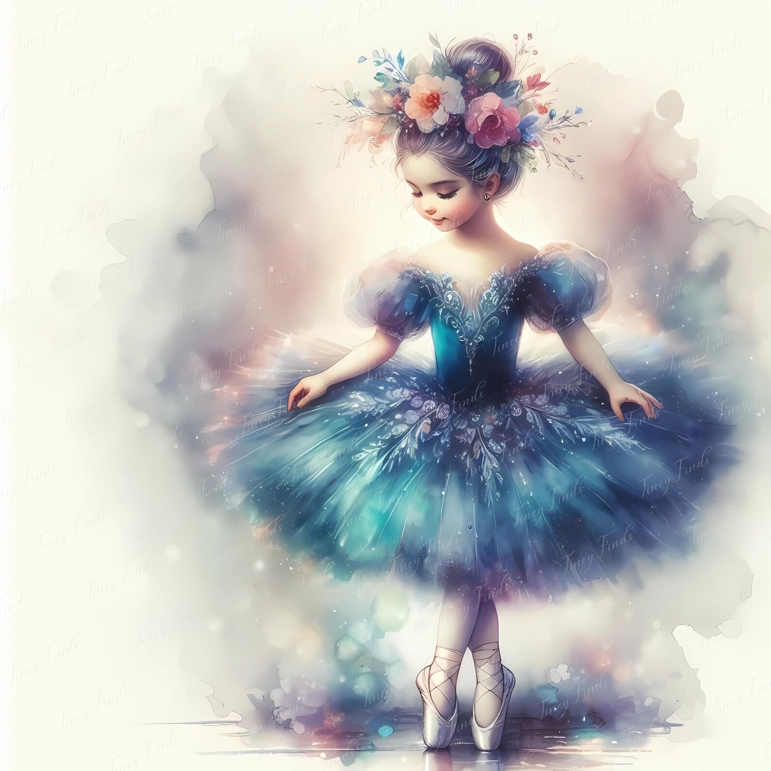Watercolor Ballerina Print: Blue Tutu, Floral Dress Nursery Decor ...