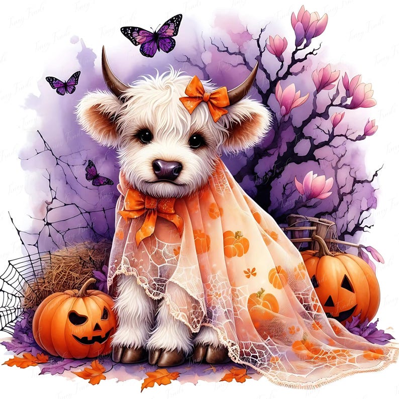 Halloween Highland Cow Clipart Bundle: Baby Calf in Pumpkin Costume ...