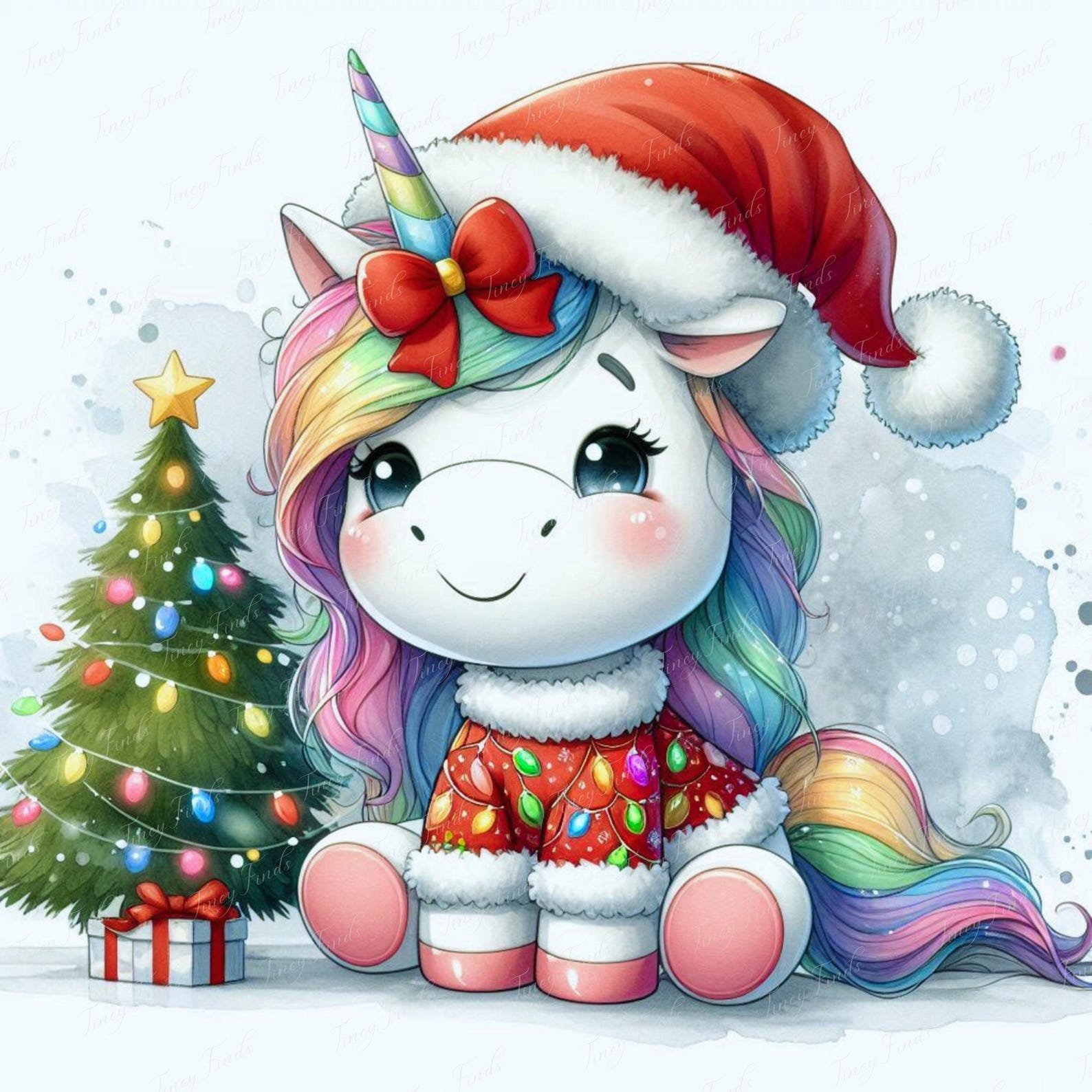 Christmas Unicorn Clipart: Santa Hat, Holiday Lights (JPEG Printable ...