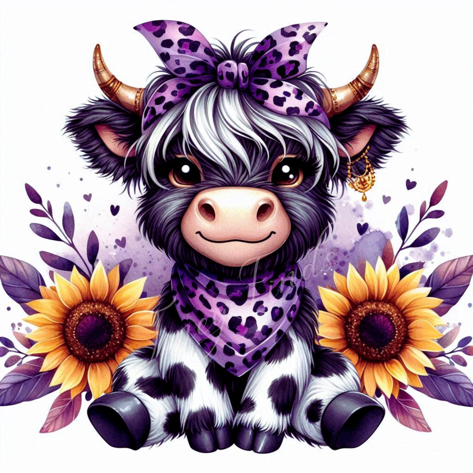 Purple Highland Cow Clipart: Leopard Print, Bow & Sunflowers (digital ...