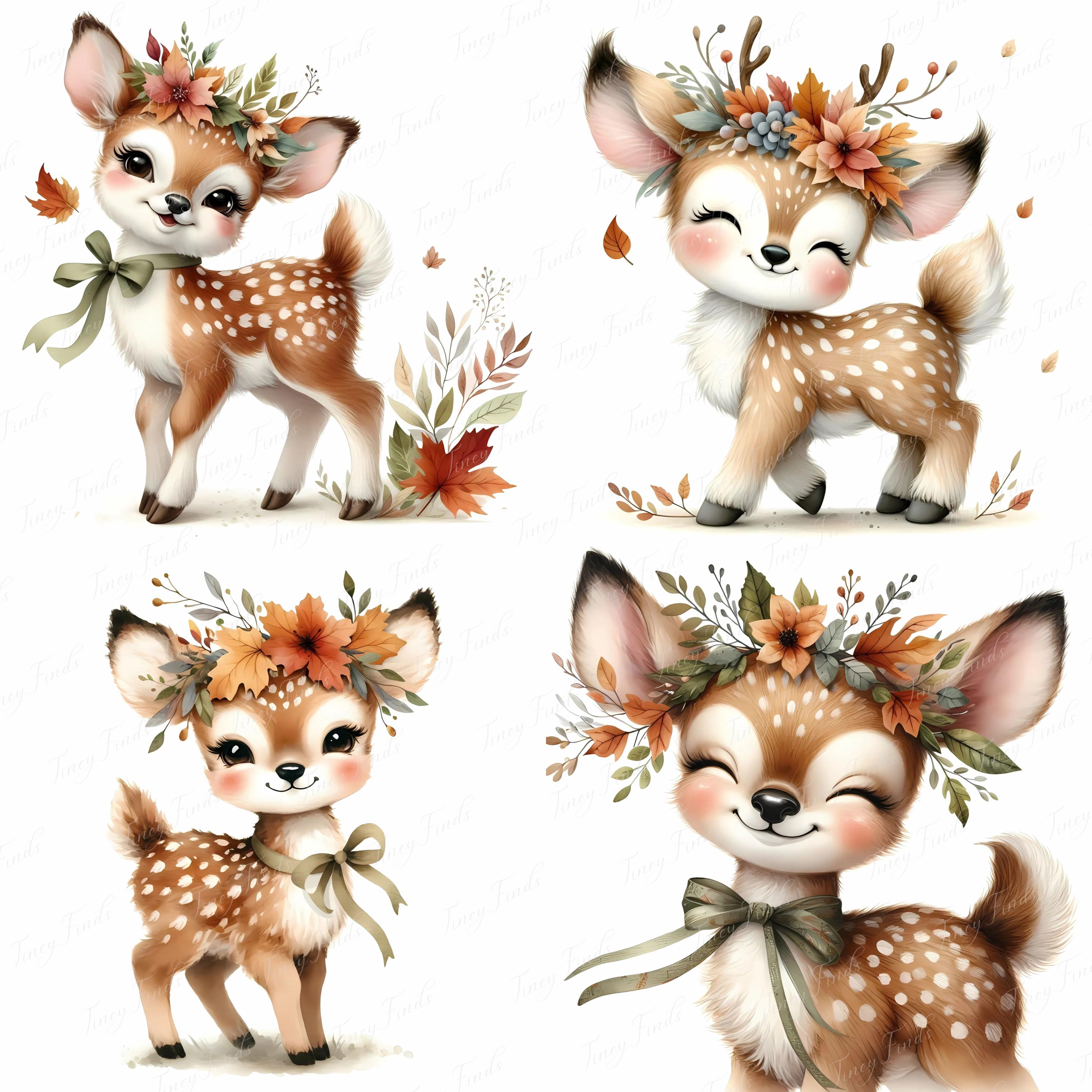 Woodland Baby Fawn Clipart JPEG | Cute Forest Deer With Leaves ...