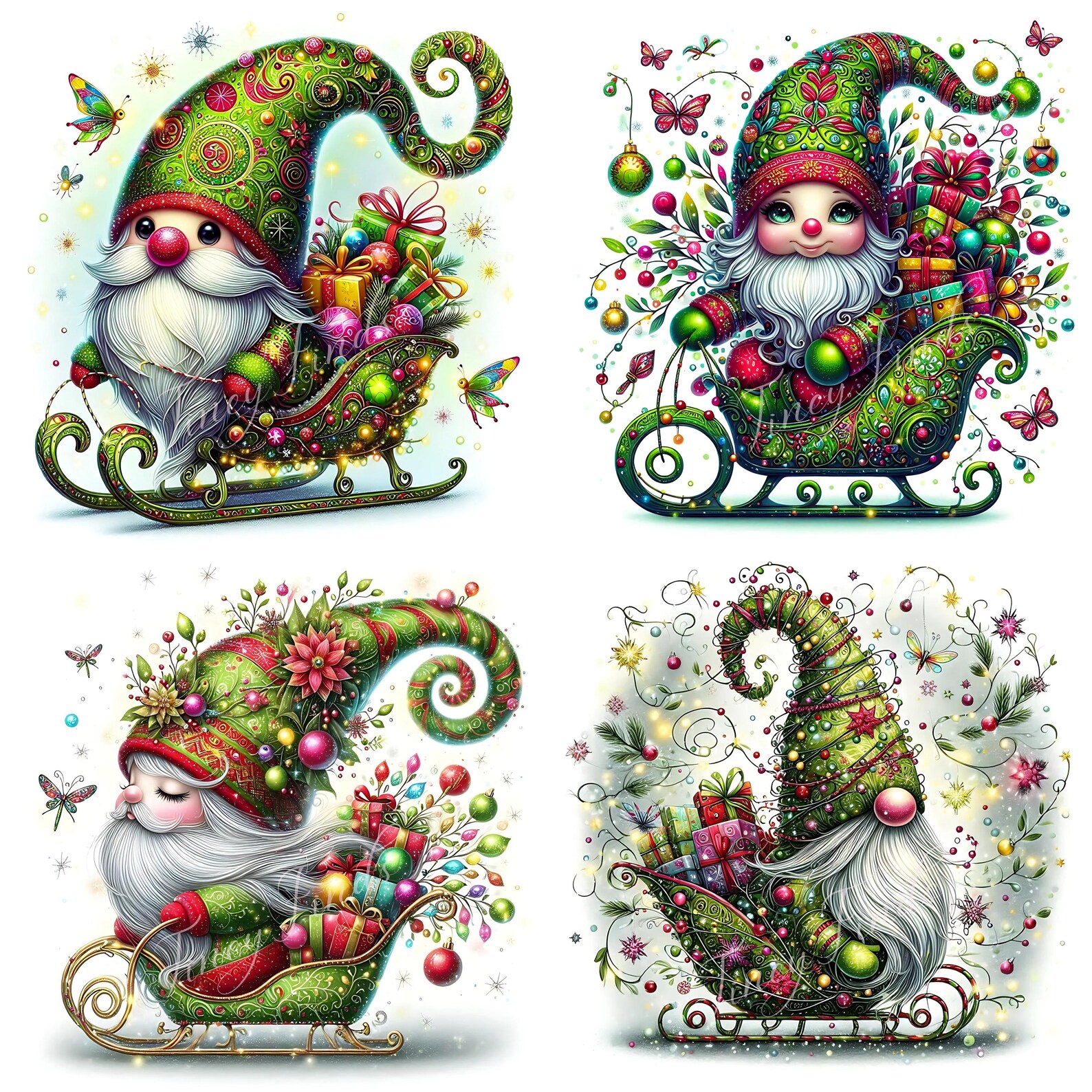Christmas Gnome Clipart: Festive Green Gnomes Sleighing (digital ...