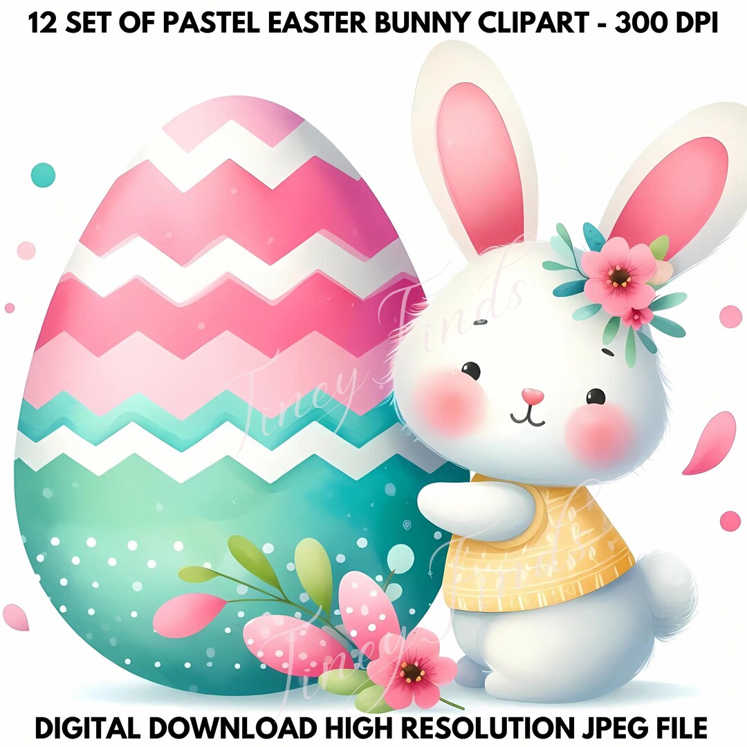 Easter Bunny Clipart Set: Pastel Egg, Floral Crown (digital Download ...