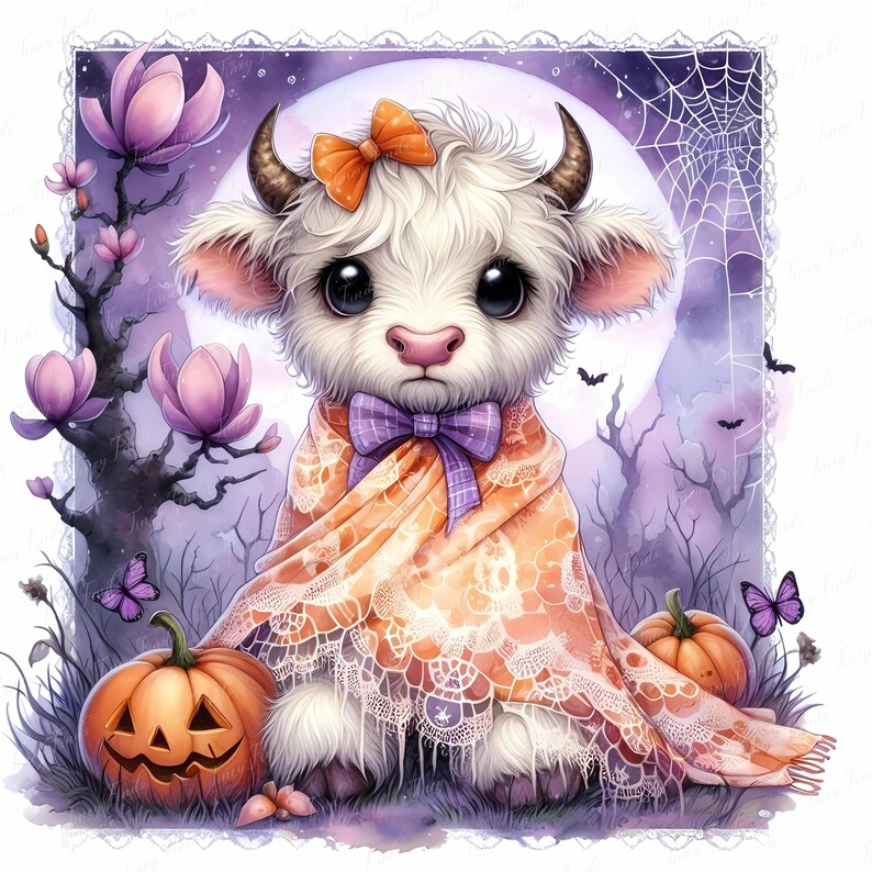 Halloween Highland Cow Clipart Bundle: Baby Calf in Pumpkin Costume ...