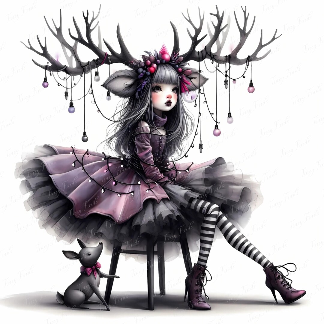 Gothic Reindeer Girl Clipart: Dark Fairy Tale Illustrations (JPEG ...