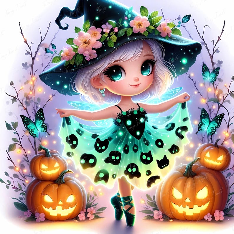 Halloween Witch Girl Clipart: Pumpkins, Journal Sticker Design (digital ...