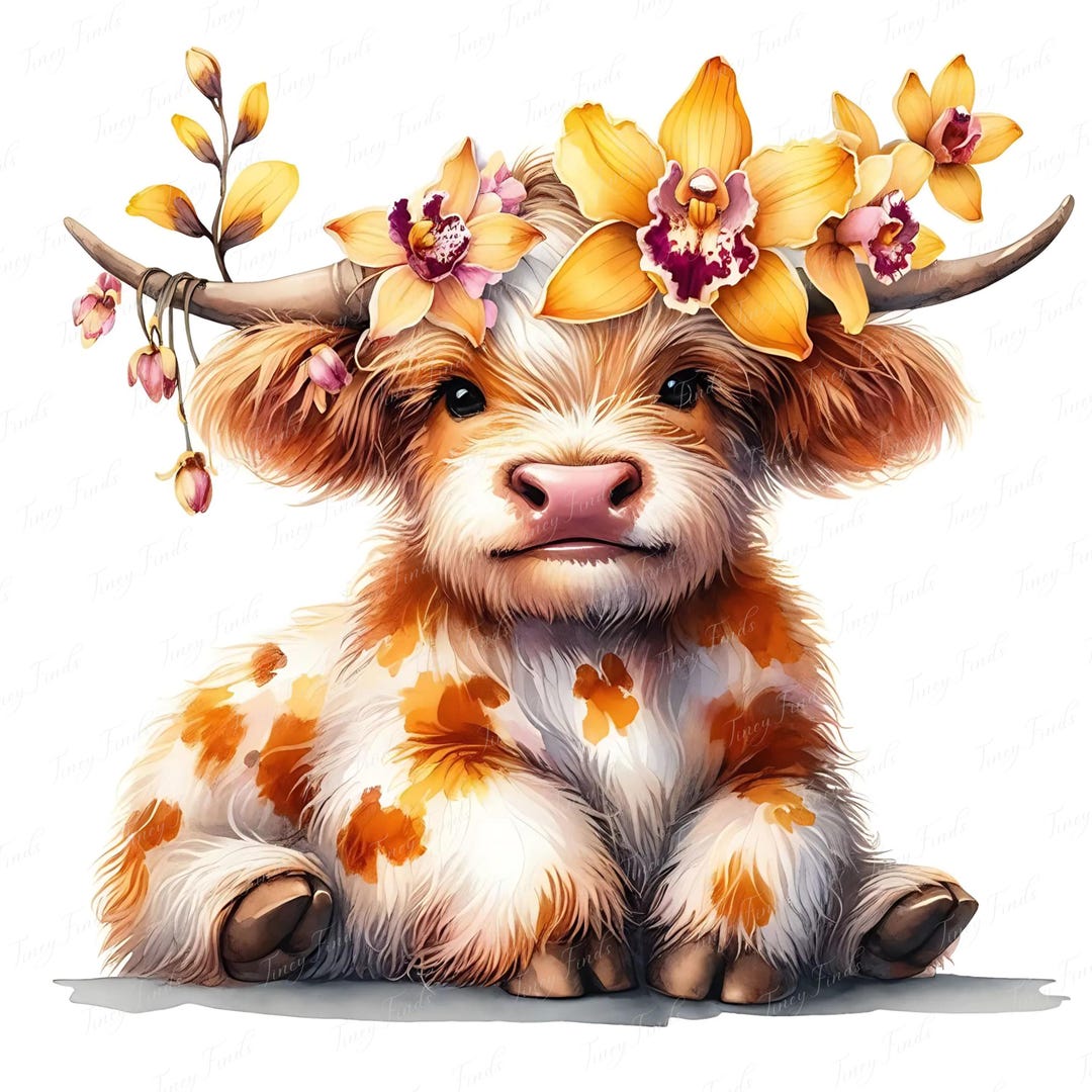 Highland Cow Clipart Bundle | Cute Cow With Yellow Orchid 12 JPEG ...