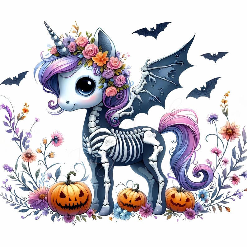 Halloween Skeleton Unicorn Clipart: Spooky Pastel Goth Unicorns (JPEG ...
