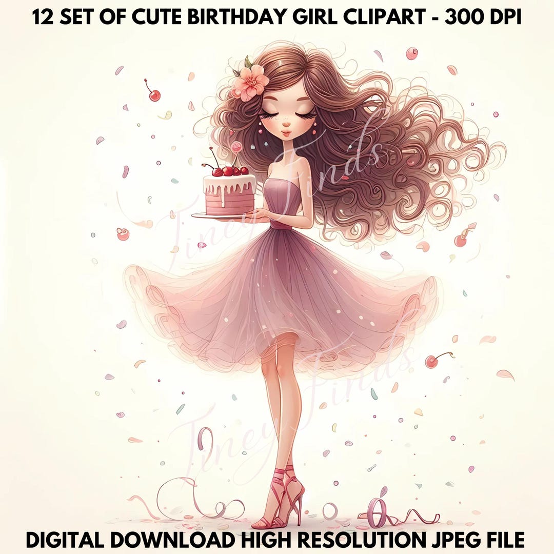 12 Set of Clipart Cute Birthday Girl With Cake and Cherry – High ...