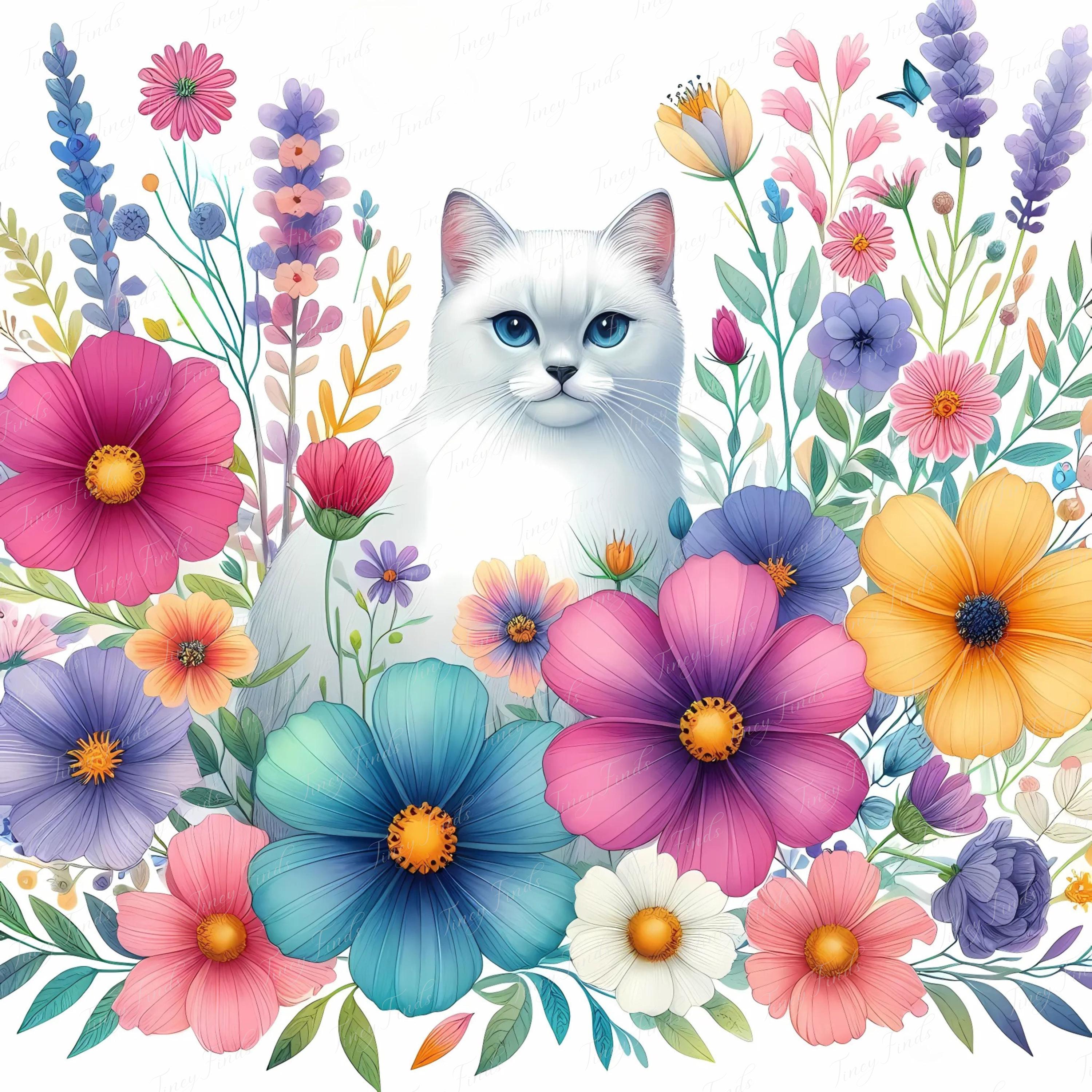 Floral Cat Clipart JPEG | Pastel Spring Flowers Cat Print | Cute Kitty ...