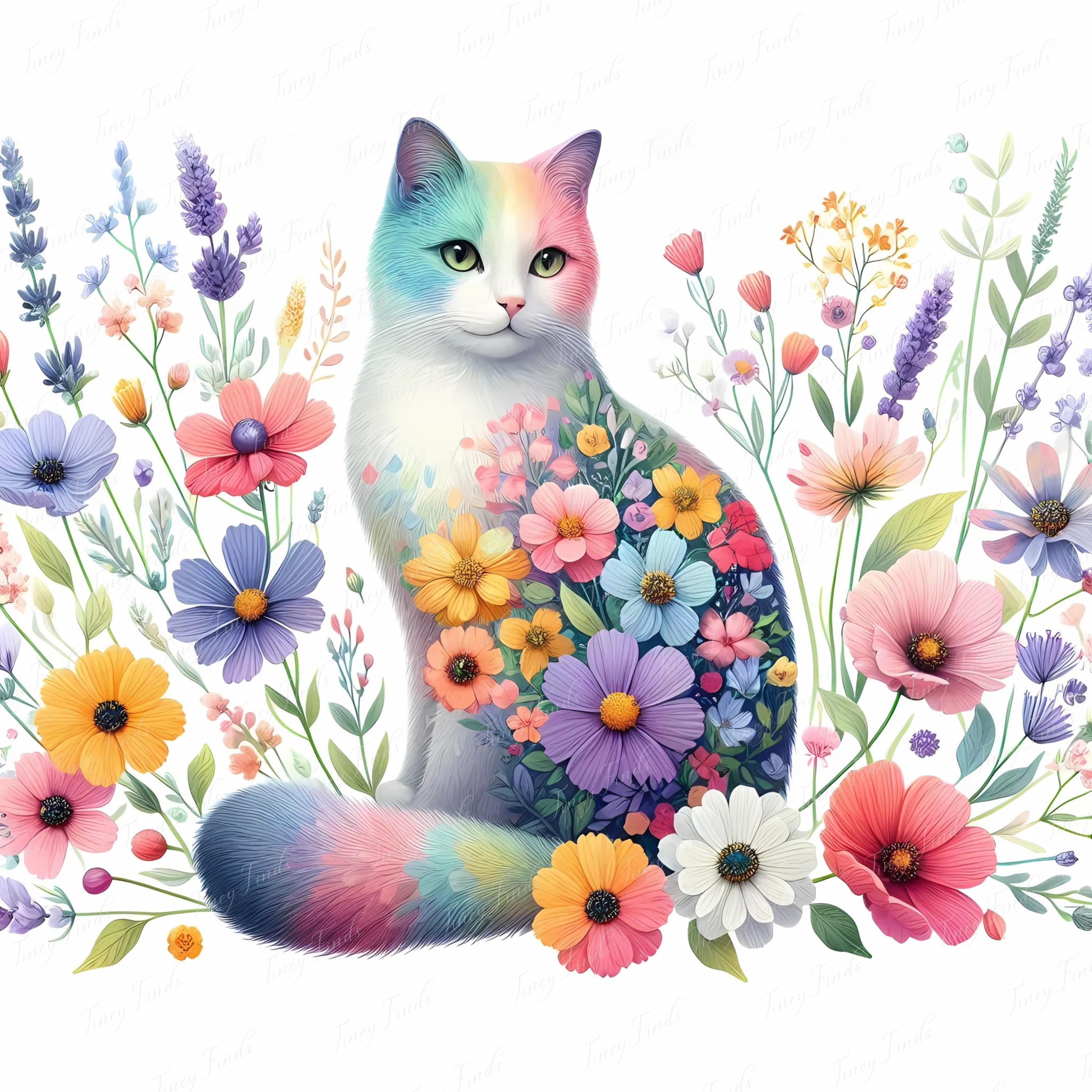 Floral Cat Clipart JPEG | Pastel Spring Flowers Cat Print | Cute Kitty ...