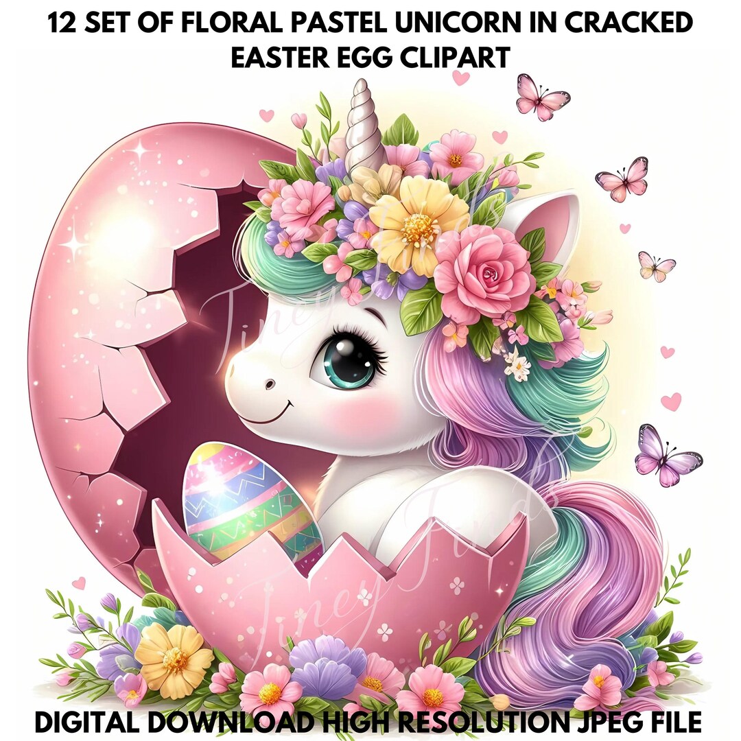 Easter Unicorn Clipart Set: Pink Floral Egg, Rainbow Hair (digital ...