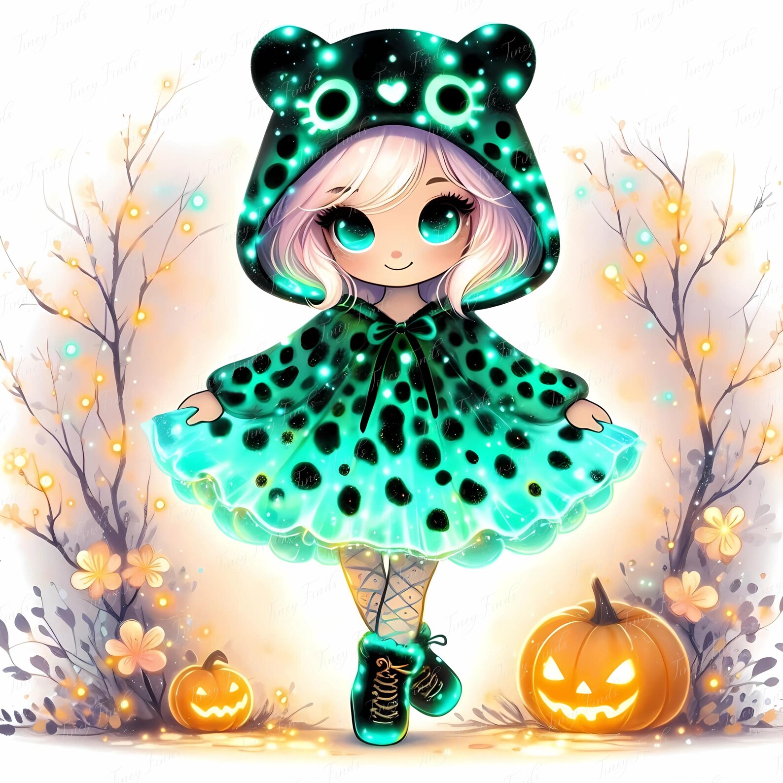 Kawaii Halloween Witch Clipart Bundle: Pumpkins, Teal Dress (digital ...