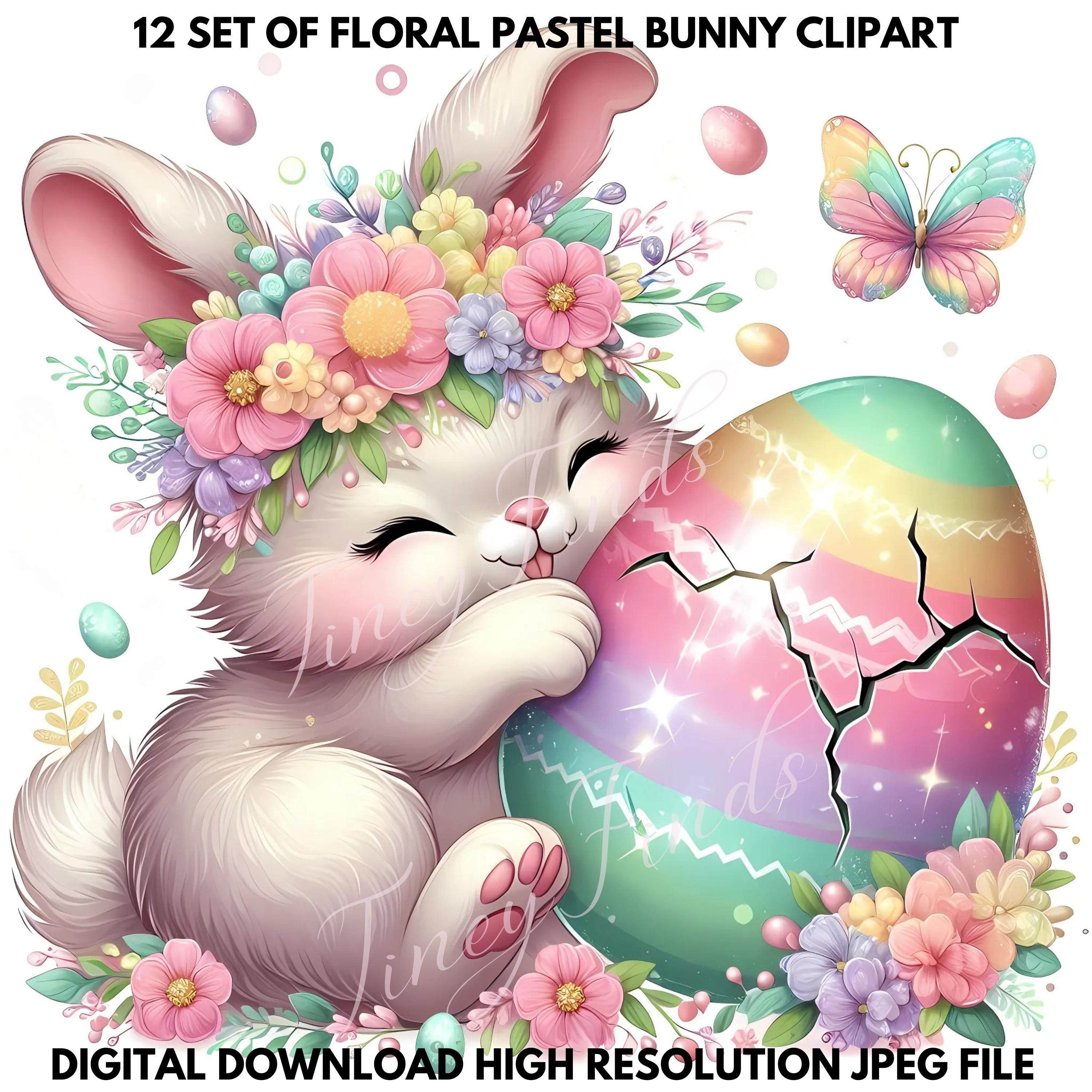 Easter Bunny Clipart Set: Rainbow Floral Spring Bunny (JPEG Digital ...