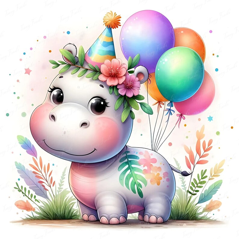 Hippo Birthday Clipart Bundle: Watercolor Safari Animal Art (12 JPEG ...