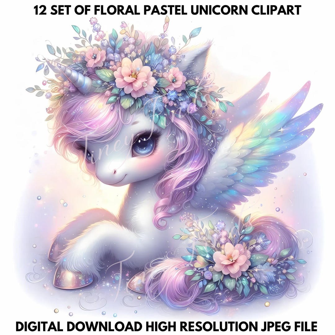 Pastel Rainbow Unicorn Clipart Set: Floral Watercolor Illustrations ...
