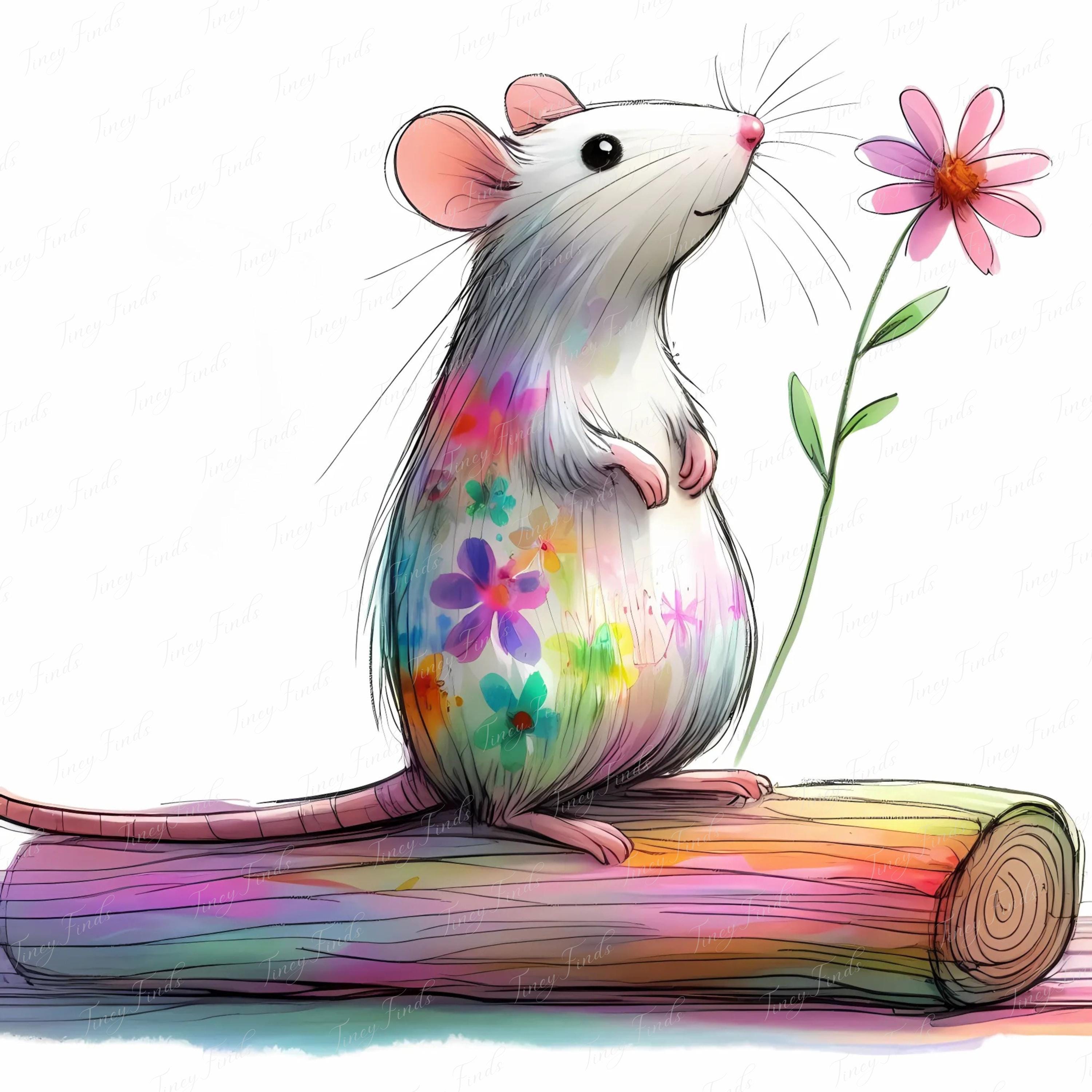 Floral Watercolor Rat Drawing Clipart | Cute Boho Rat Digital Art ...