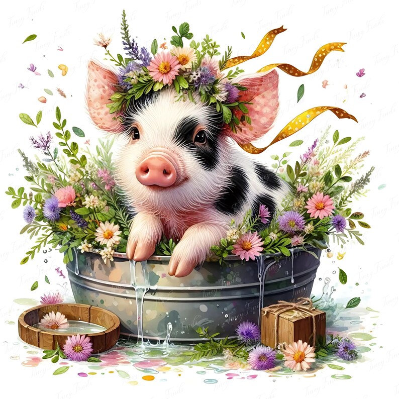 Whimsical Spa Pig Clipart: Floral Tub, Nursery Art (JPEG Files, Digital ...