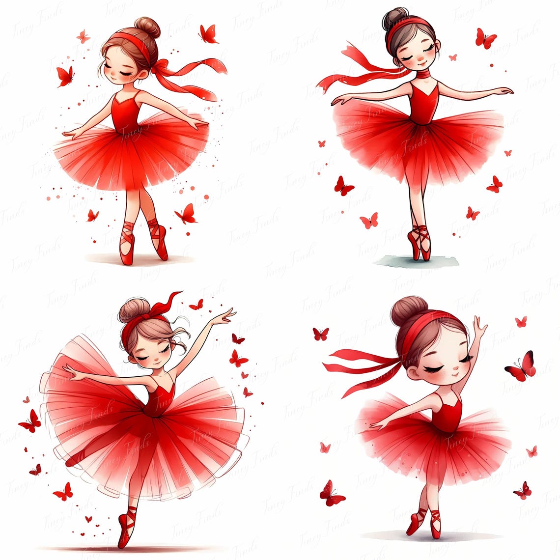 Red Ballerina Girl Clipart Bundle, Ballet Dancer With Butterflies 12 ...