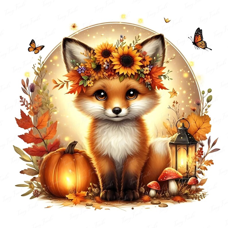 Autumn Fox Clipart: Sunflower Fawn, Lantern, Mushroom Graphics (JPEG ...