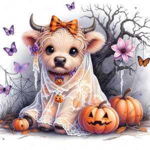 Halloween Highland Cow Clipart Bundle: Baby Calf in Pumpkin Costume ...