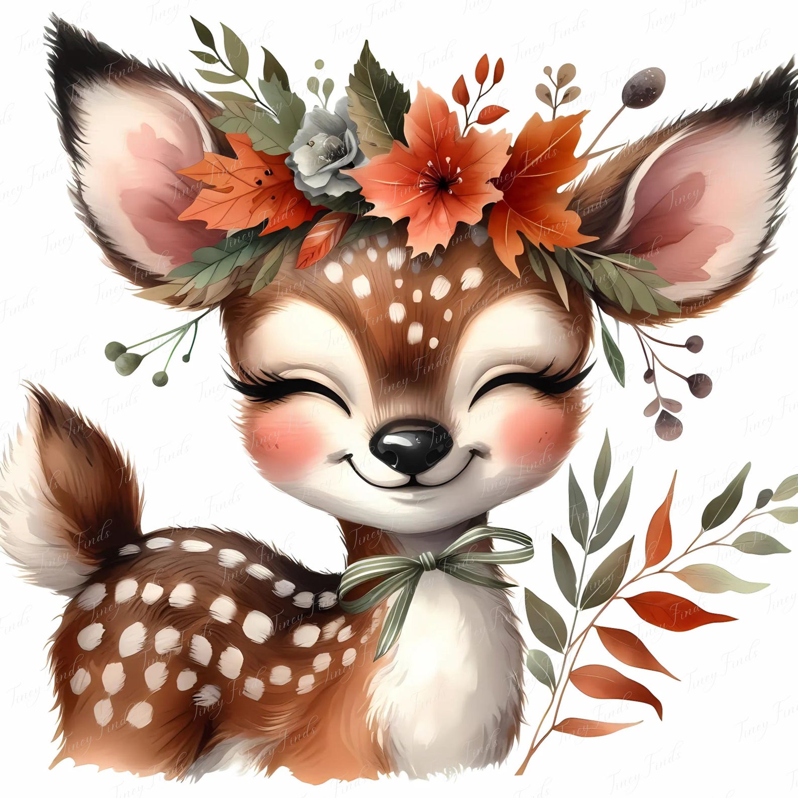 Woodland Baby Fawn Clipart JPEG | Cute Forest Deer With Leaves ...