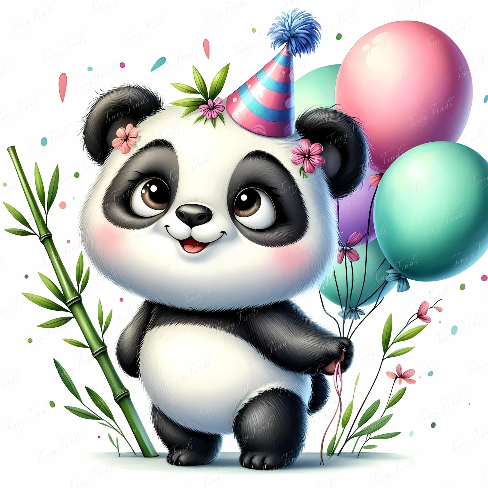 Watercolor Panda Birthday Clipart | Cute Panda With Balloons and Bamboo ...
