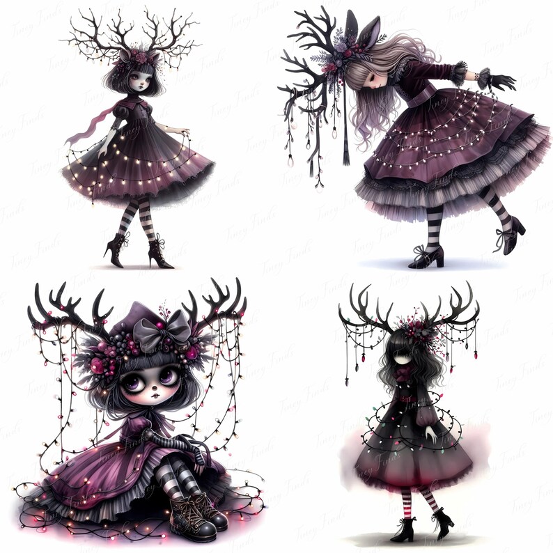 Gothic Reindeer Girl Clipart: Dark Fairy Tale Illustrations (JPEG ...