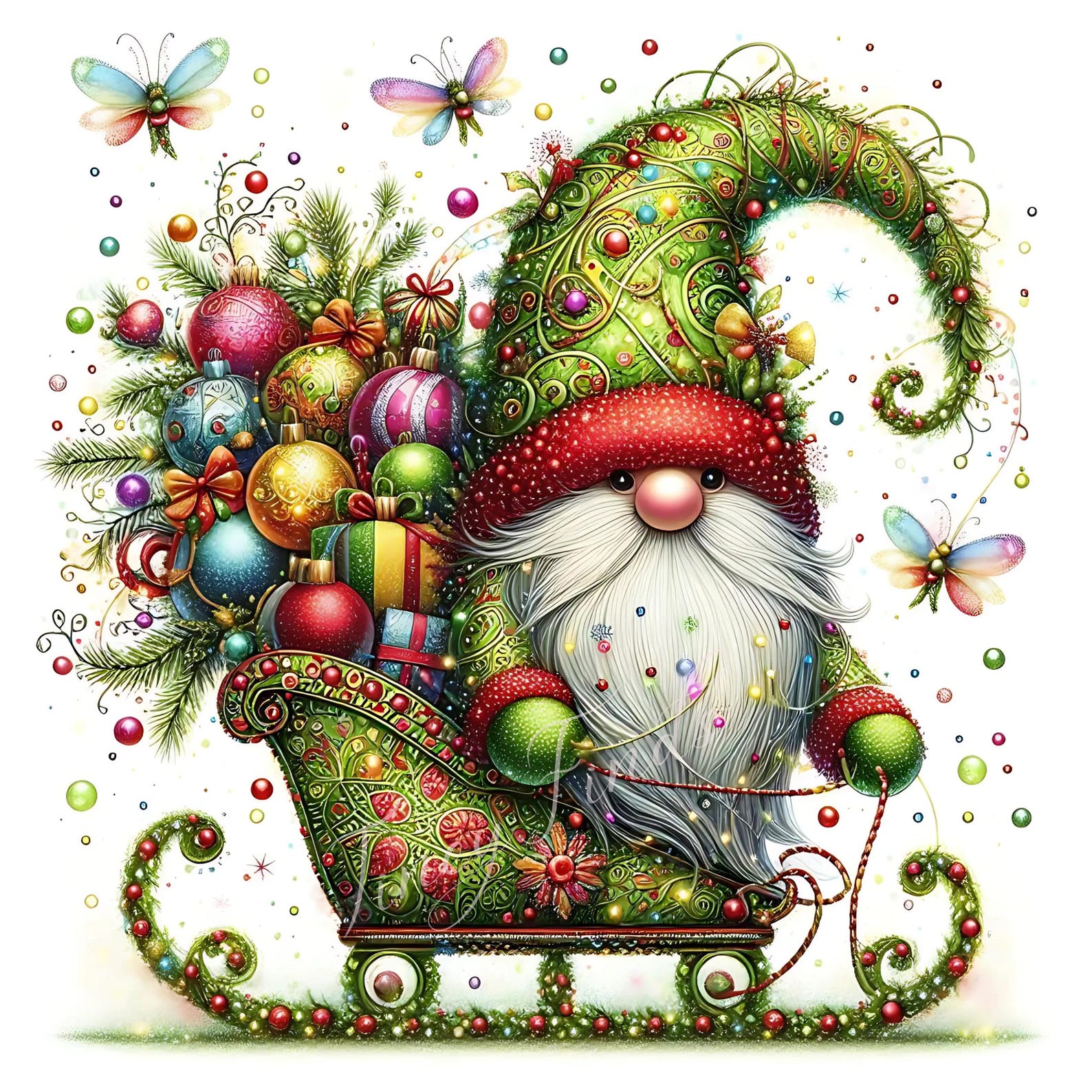 Christmas Gnome Clipart: Festive Green Gnomes Sleighing (digital ...