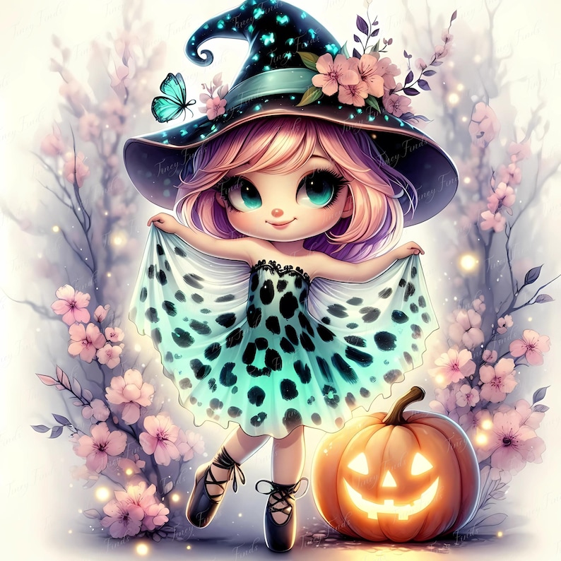 Kawaii Halloween Witch Clipart Bundle: Pumpkins, Teal Dress (digital ...