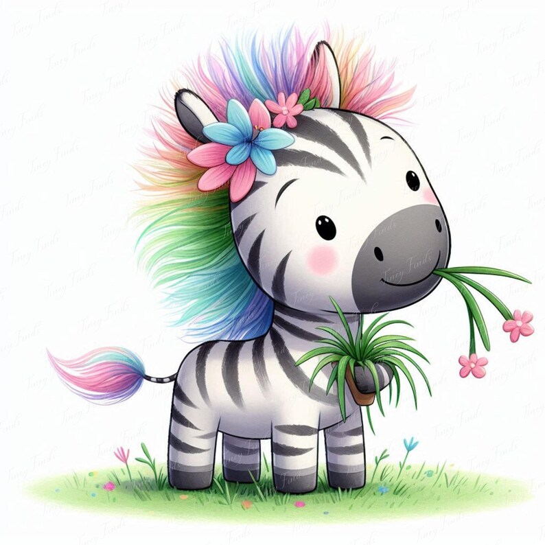 Pastel Zebra With Flowers Clipart | Cute Baby Zebra JPEG Design | High ...