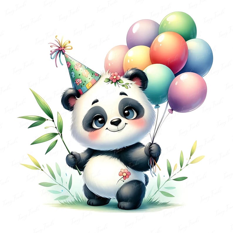 Watercolor Panda Birthday Clipart | Cute Panda With Balloons and Bamboo ...