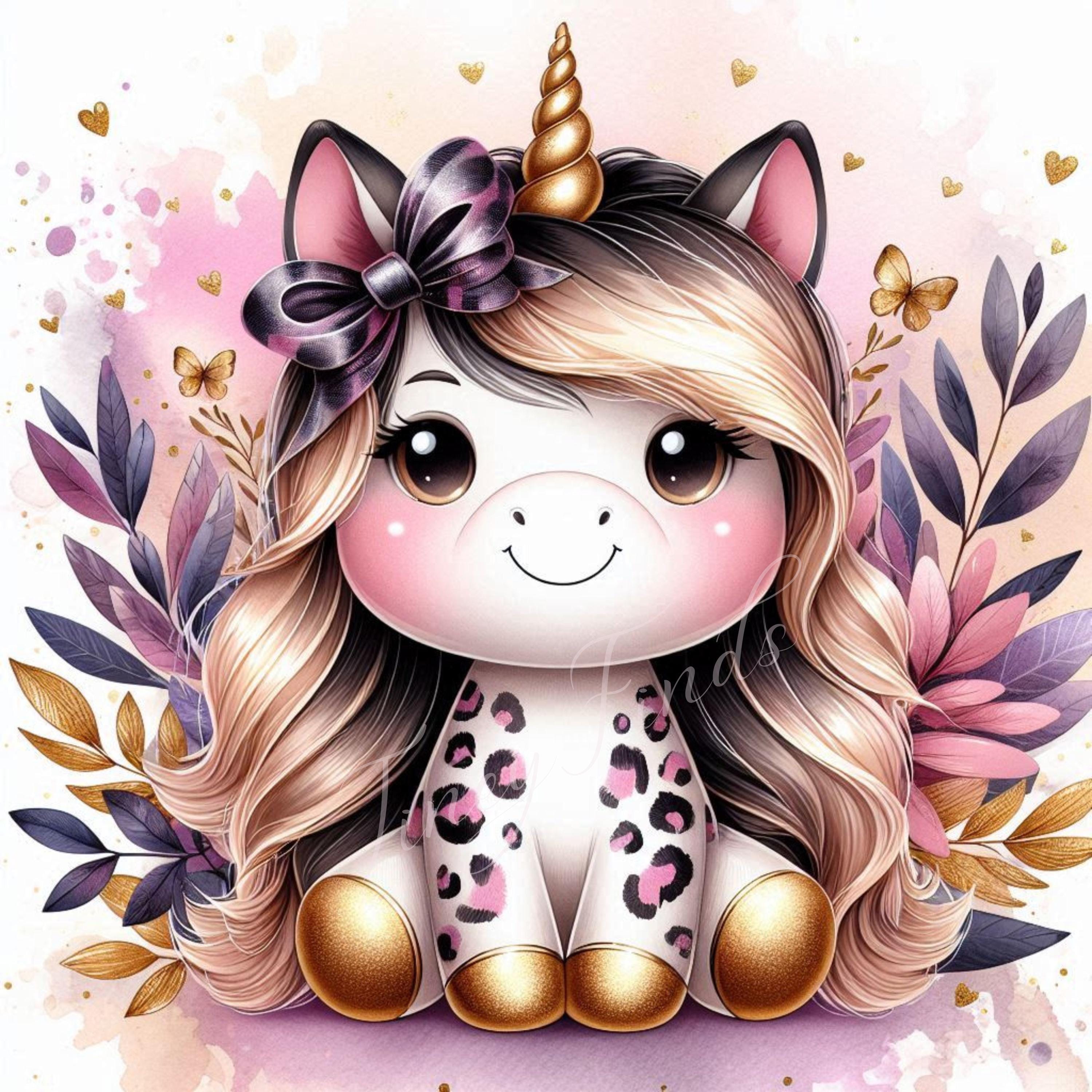 Leopard Print Baby Unicorn Clipart: Pink Bow, Golden Botanical Nursery ...