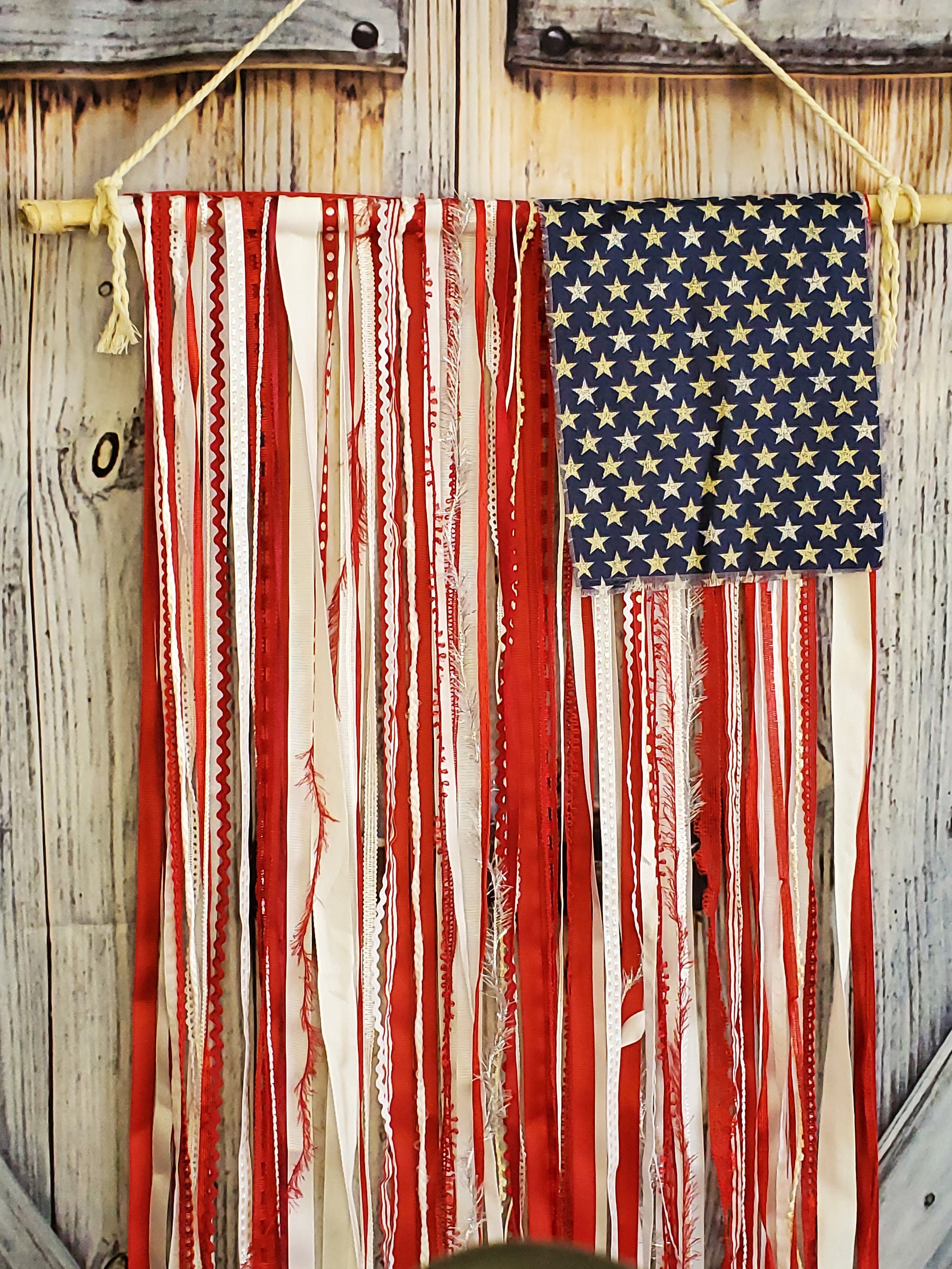 Ribbon Trim American Flag, Americana Red, White and Blue Wall Hanging ...