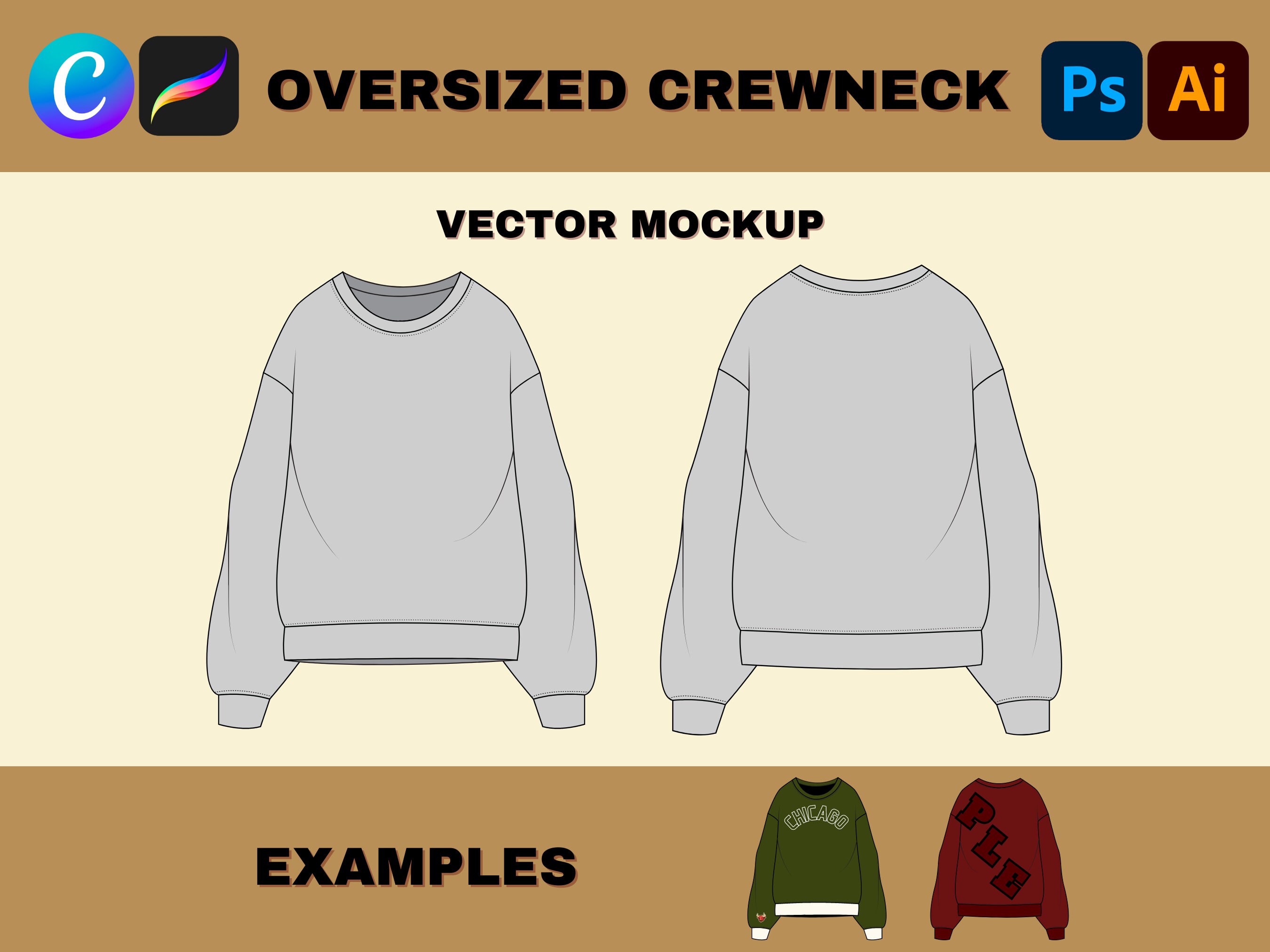 Streetwear Crewneck Sweater Vector Tech Pack Template, Digital Clothing ...