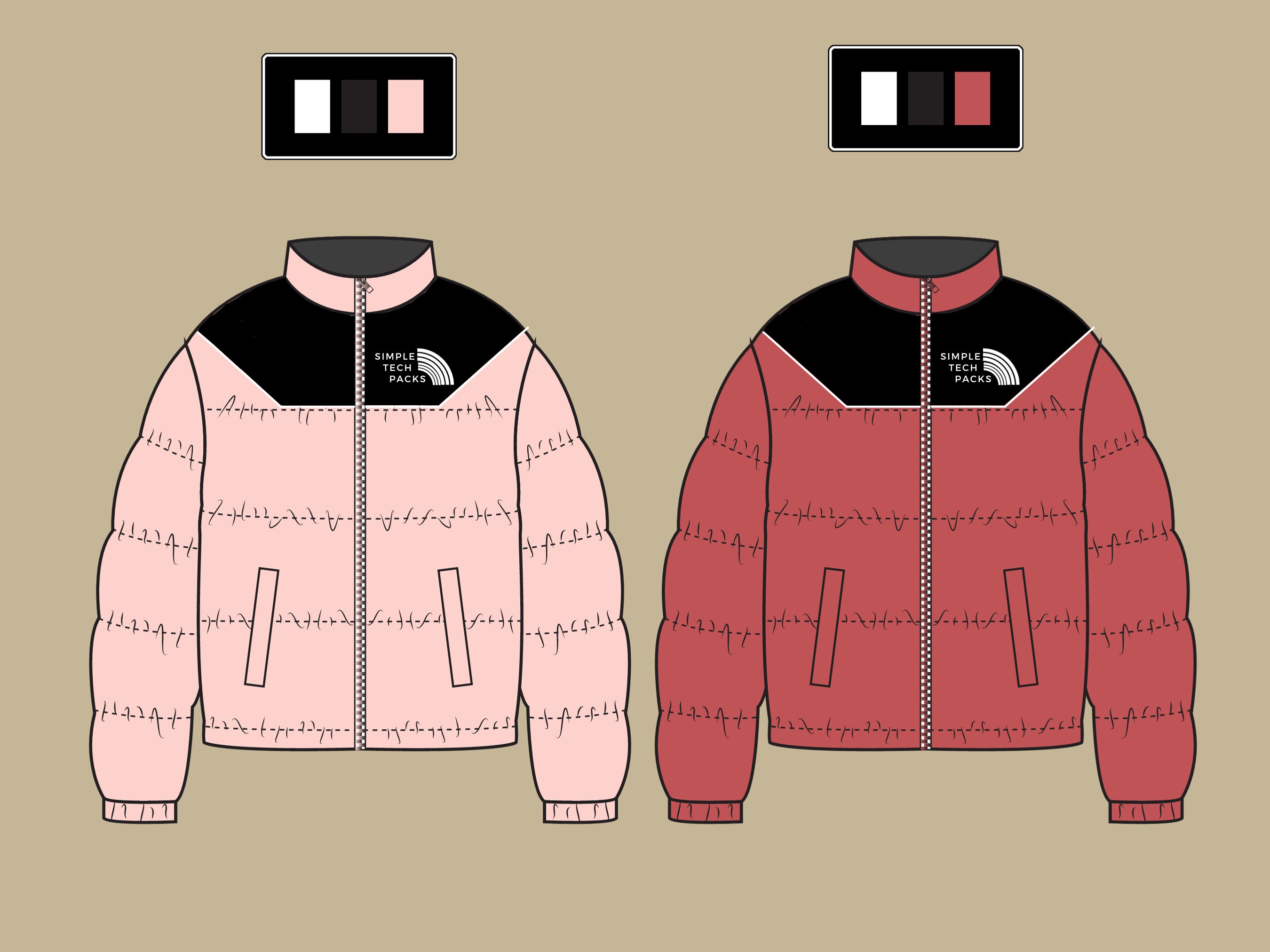 Streetwear Puffer Jacket Tech Pack Mockup, Clothing Design Vector ...