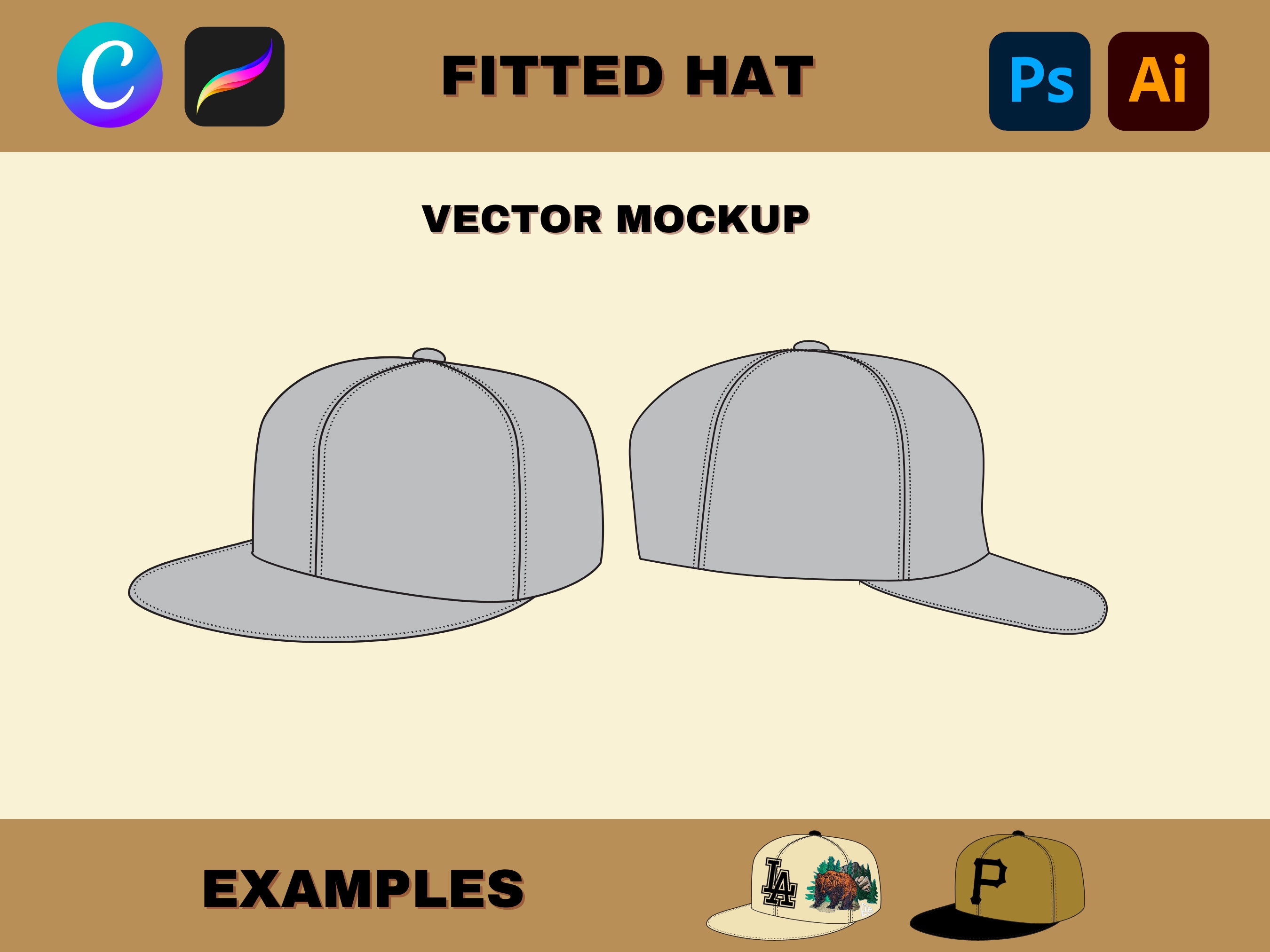 Fitted Hat Mockup Clothing Tech Pack Vector Pack, Aesthetic Cap MOCKUP ...