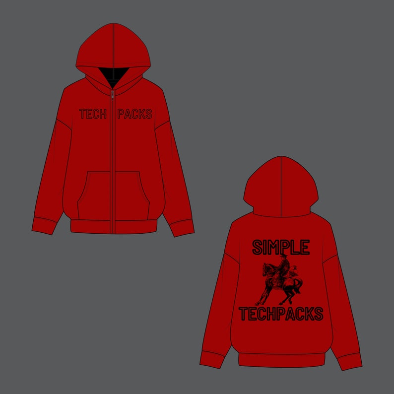 Zip up Hoodie Mockup Illustrator Template, Apparel Tech Pack Clothing ...