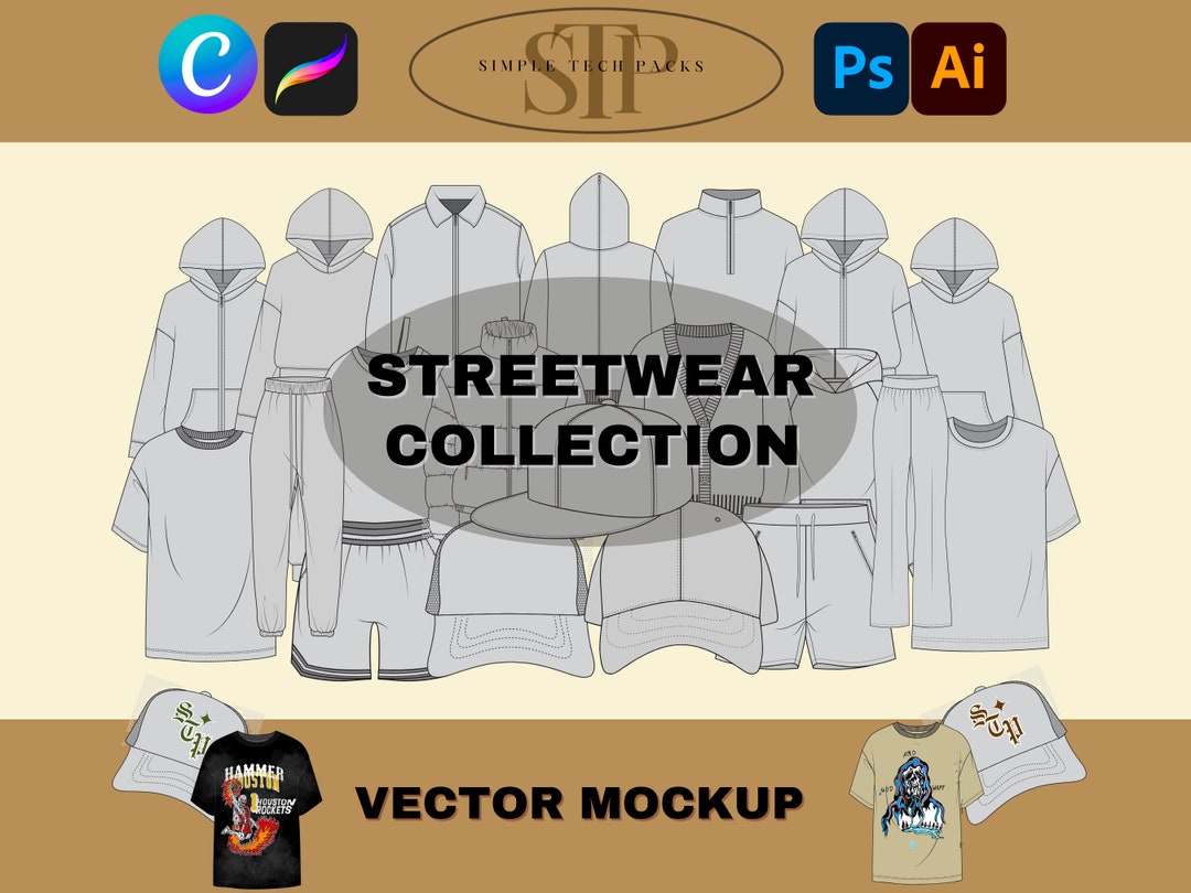 Streetwear Tech Pack Mockup Clothing Design Template, Vector ...